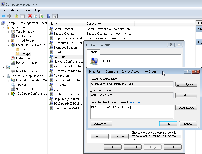 Create an IIS User and Assigning it to the IIS_IUSRS Group